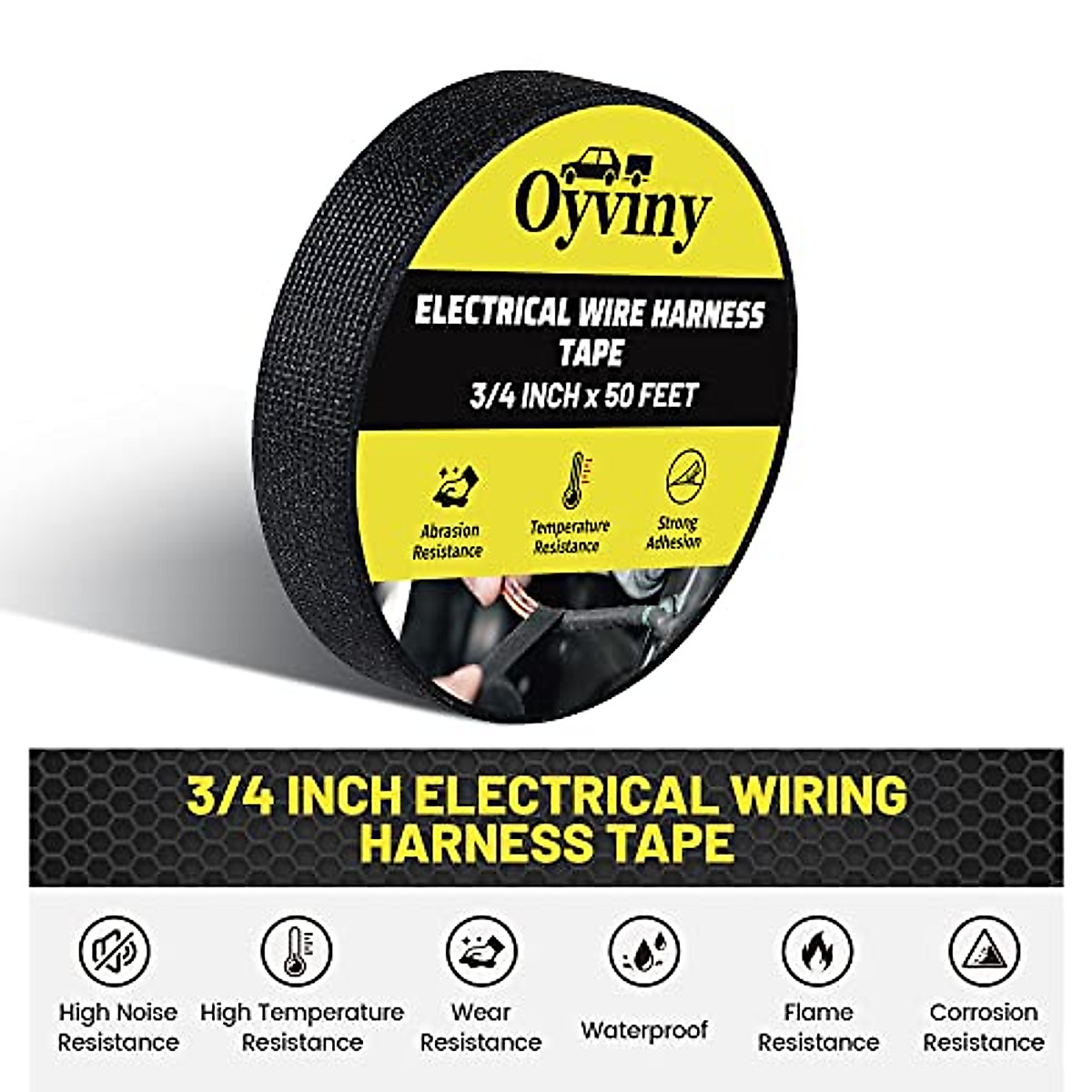 Oyviny Wire Harness Cloth Tape 3/4-Inch by 50-Foot (2 Rolls), Self-Adhesive Fabric Tape for Automotive Engine and Electrical Wiring Harness Noise Damping, High Temp Wire Loom Tape