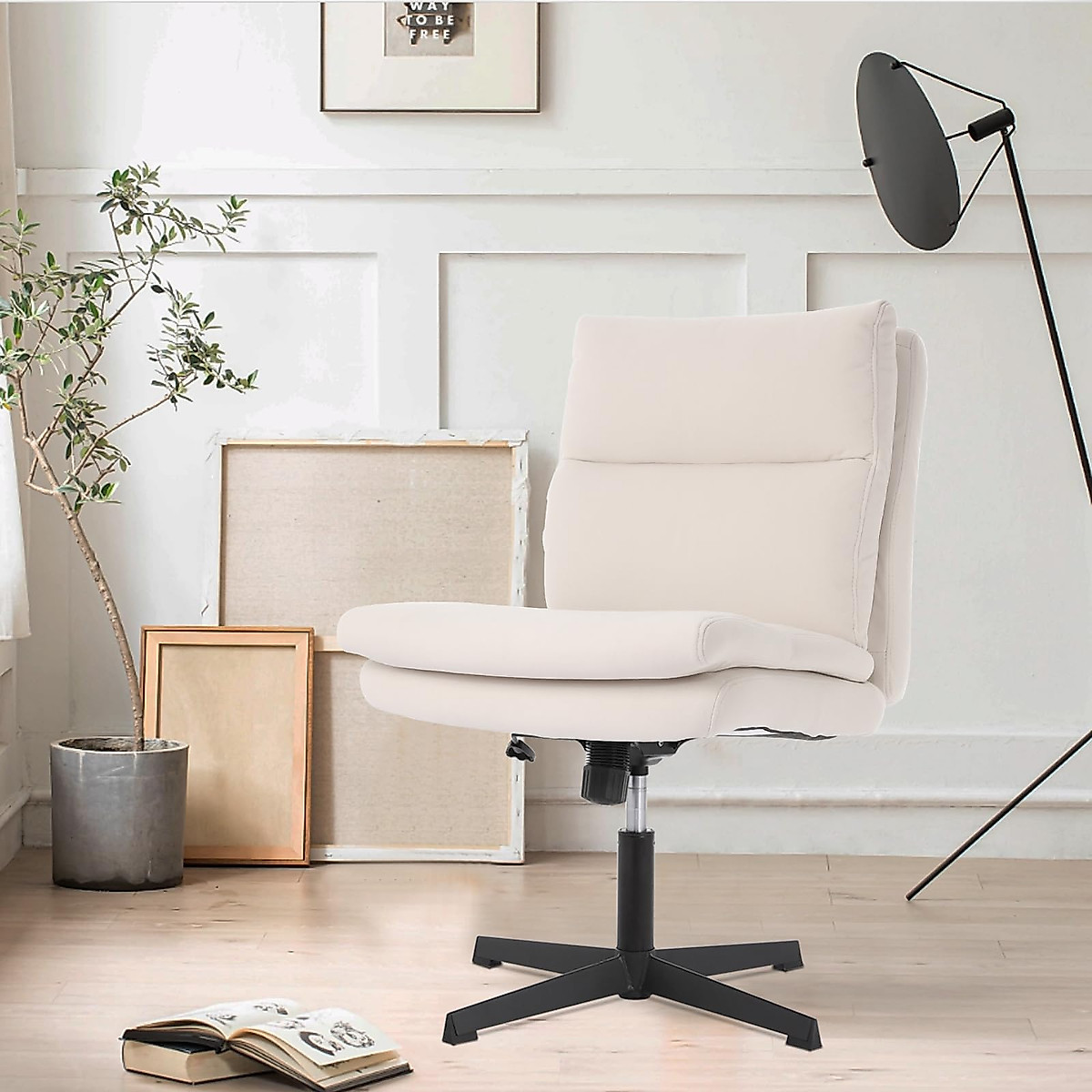 LUCKWIND Armless Home Office Desk Chair No Wheels, Modern Double Padded Ergonomic Vanity Chair, Mid-Back Height Adjustable Cushioned Swivel Task Chairs, Wide Seat (Creamy White)