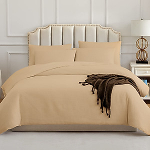 Waffle Duvet Cover Queen - Waffle Weave Duvet Cover, Queen Duvet Cover Set - Duvet Cover Queen Size - Cotton Duvet Cover 5-Piece Set, 1 Queen Duvet Cover + 4 Pillowcases For All Seasons - Khaki
