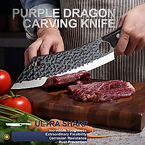 Purple Dragon Japanese Butcher Knife 8 Inch Ultra Sharp Carving Knife for Meat Vegetable Cutting with Finger Hole Hand Forged Slicing Knife Cooking High Carbon Steel Knife Cleaver