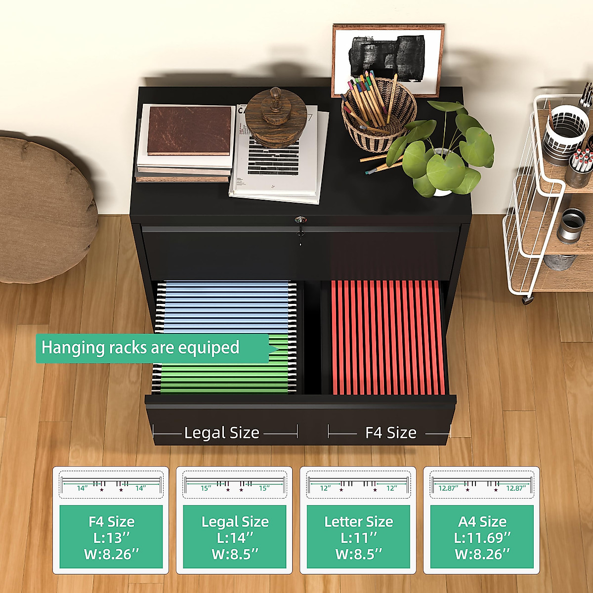 Bonusall Lateral File Cabinet 2 Drawer, Metal Lateral Filing Cabinet with Lock, Locking Horizontal Drawers File Cabinets for Legal/Letter / A4 / F4 Size for Home Office, Steel, Heavy Duty, Black