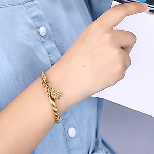 MORE FUN Catholic Saint Benedict Bracelets, Blessings Medal Stainless Steel Charm Pendant Twisted Cable Bangle Bracelet, Gold Plated