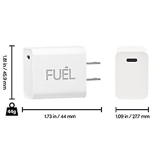 Fuel USB C Wall Charger - 20W - UL Listed, Durable, Compact PD iPhone Charger Fast Charging for iPhone 14 Pro Max/ 13 Pro Max/ 12 Pro Max/ 11/ S23 Ultra/Pixel 7/ iPad Pro (Cable Not Included) - White