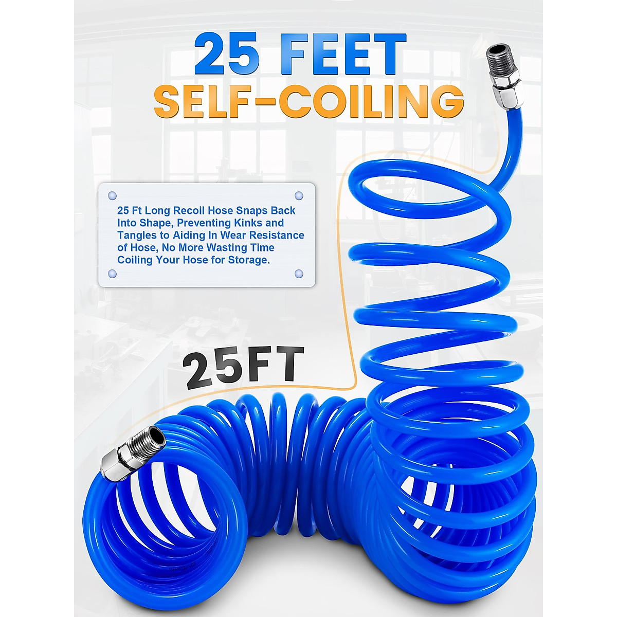 SARDVISA 25 Feet Repairable EVA Recoil Air Hose, Air Compressor Hose with 1/4" NPT Industrial Universal Quick Coupler and I/M Plug Kit, 200PSI Max Air Tool Hose