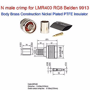 N Connectos Male Crimp Connector 50 ohm for LMR400 Belden 9913 RG8 Pack of 5 Piece