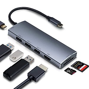 USB C Adapter, USB C Hub, 7 in 1 Type C Adapter with 4k HD Port, 3 USB 3.0 Ports, SD/TF Card Reader, USB C PD Charging Port by Gecen, Compatible with MacBook Pro/Air, Chromebook
