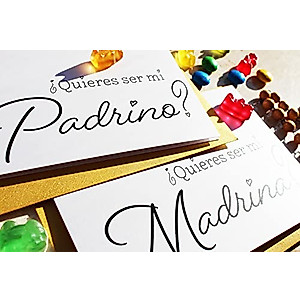 Spanish Will you be my Godparents Cards (Madrina & Padrino) - Godmother & Godfather Proposals in Black-and-White Lettering, with Golden Shimmer Envelopes (Set of 2 cards) (Madrina & Padrino)