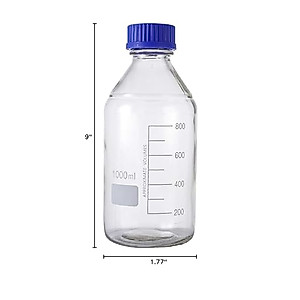Moonetto 4 Pieces 1000ml Graduated Round Media/Storage Glass Bottle With GL45 Blue Polypropylene Screw Cap