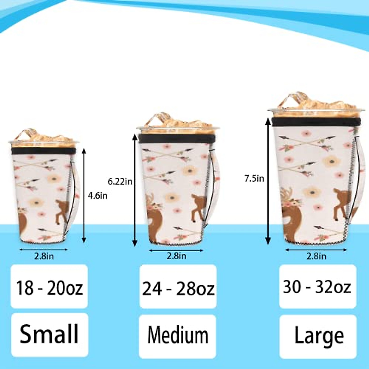 Reusable Iced Coffee Sleeve Deer Animal Insulator Sleeves for Cold Drink Beverages Elk Arrow Iced Coffee Sleeve with Handle Neoprene Cup Holder for Coffee, Tea, Soda, Latte(32 oz)
