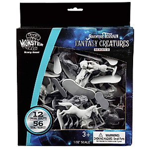 Fantasy Creatures Mini Action Figure Playset- 56pc Toy Monster Miniatures w 12 Difft Sculpts- Large Direwolfs, Cyclops, Winged Dragon Phoenixes & More- 1/32nd Scale Dungeon Paintable Xmas