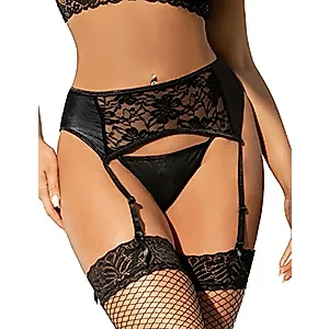 ohyeah Plus Size Garter Belts for Thigh Highs Stockings 4-Strap Metal Clips Vintage Garter Belt Lace Suspenders (No Sock) 5XL Black