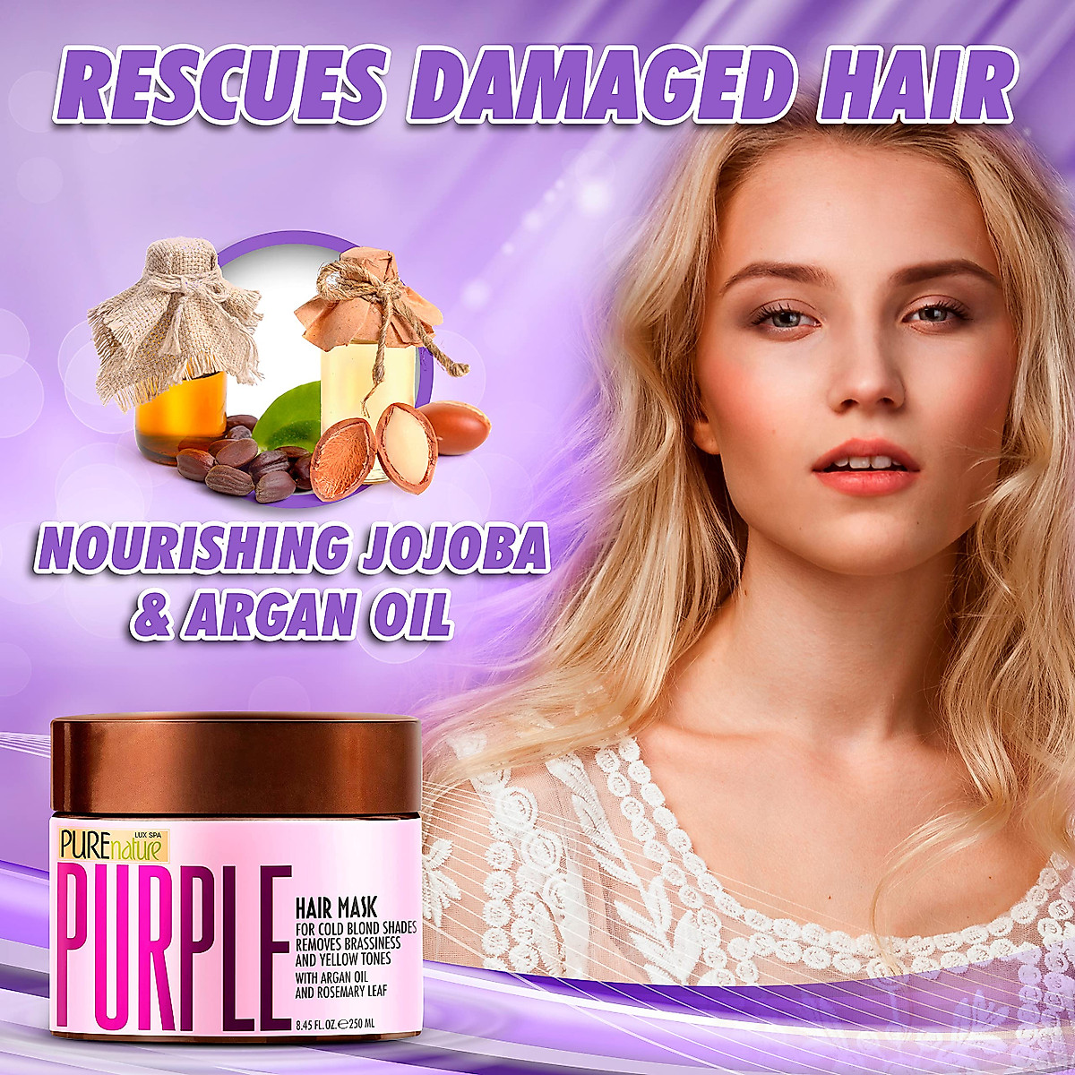 PURE NATURE LUX SPA Purple Hair Mask for Bleached and Blonde Hair - Deep Conditioning Treatment for Women to Remove Yellow Highlights and Repair Dry, Damaged Hair - Hydrate Colored Hair