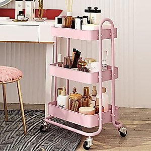3 Tier Rolling Cart, Metal Utility Cart with Rotating Lockable Wheels, Storage Cart for Office, Bathroom, Kitchen, Garden (Pink)