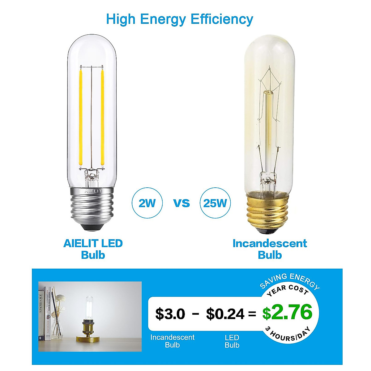 AIELIT E26 LED Tubular Light Bulb 25 Watt Equivalent, Bright White 5000K, 200 Lumens, 2W Daylight DimmableT10/T30 Edison LED Filament Bulbs for Chandelier, 4-Pack