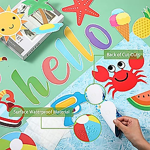 46 Pcs Hello Summer Cutouts Summer Bulletin Board Set Hawaii Ice Cream Watermelon Palm Tree DIY Paper Cutouts Wall Decals Beach Party Decorations for Classroom Kindergarten Party Supplies