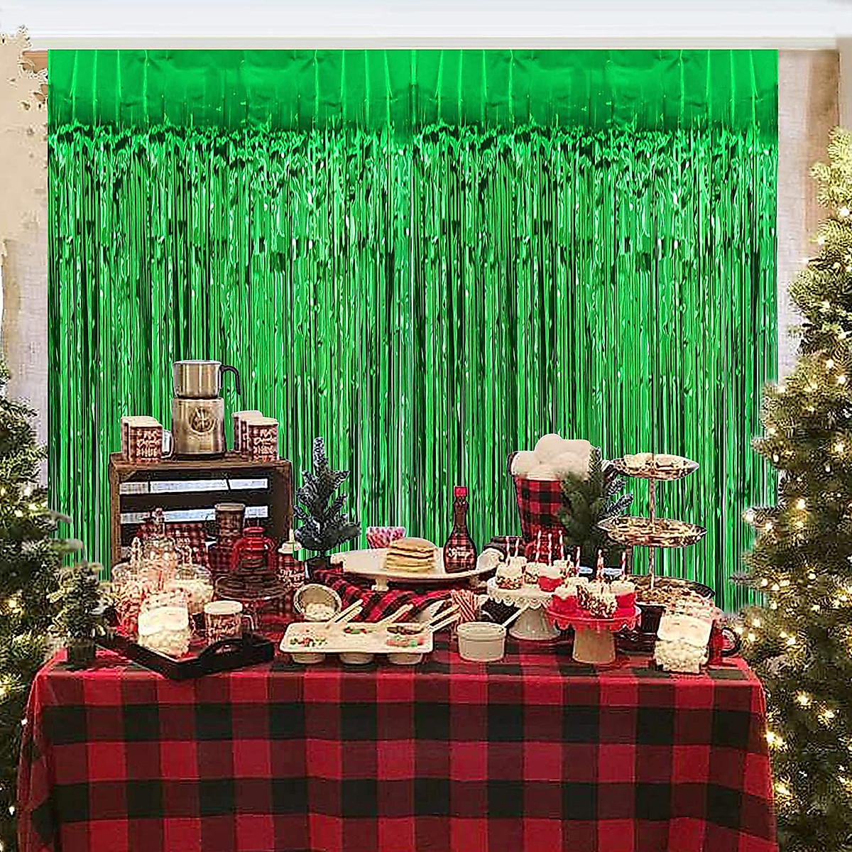 KIRIKOU Pack of 3 Green Metallic Tinsel Foil Fringe Curtains Photo Booth Props Backdrop for Birthday Bachelorette Bridal Baby Shower Party Decorations (Green, 3.2ft x 6.5ft)