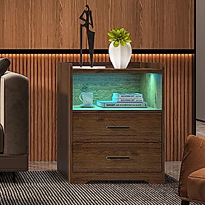 dnbss Brown Nightstand with Charging Station, Smart Bedside Table with 24-Color RGB LED Lights, Charging Nightstand for Bedroom, Modern End Side Table for Living Room Office