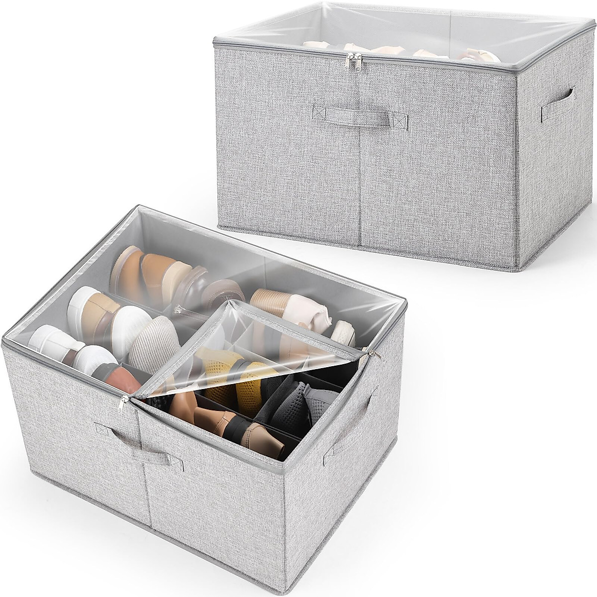 Homaisson 2-Pack Shoe Storage Organizer for Closet, Large Shoe Box Storage + 3 Pack Bed sheet organizers and storage, Foldable Sheet Set Organizers for Linen Closet (Grey+Black)