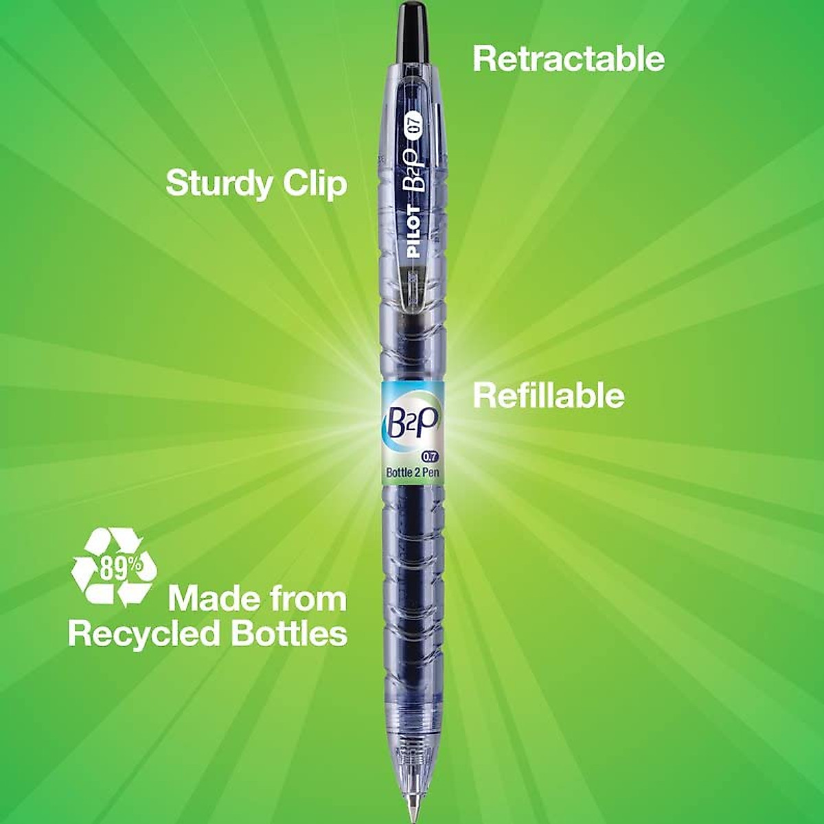 PILOT B2P - Bottle to Pen Refillable & Retractable Rolling Ball Gel Pen Made From Recycled Bottles, Fine Point, Blue G2 Ink, 12-Pack (31601)