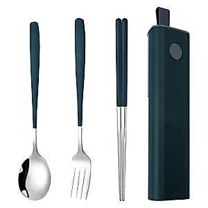 Muka Set of 3 Portable Flatware Set w/Fork Sproon Chopsticks Utensils Stainless Steel w/Cellphone Holder-Dark Green