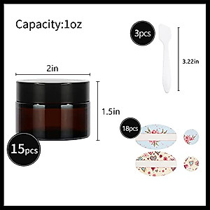 1 oz Amber Round Glass Jars with Plastic Lids and Inner Liners,Empty Cosmetic Bottles For Beauty Products, Lotion, Powders and Ointments.Set of 15 Pack.