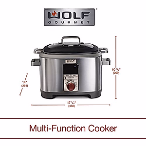 Wolf Gourmet Programmable 6-in-1 Multi Cooker with Temperature Probe, 7 qrt, Slow Cook, Rice, Sauté, Sear, Sous Vide, Stainless Steel, Red Knob (WGSC100S)