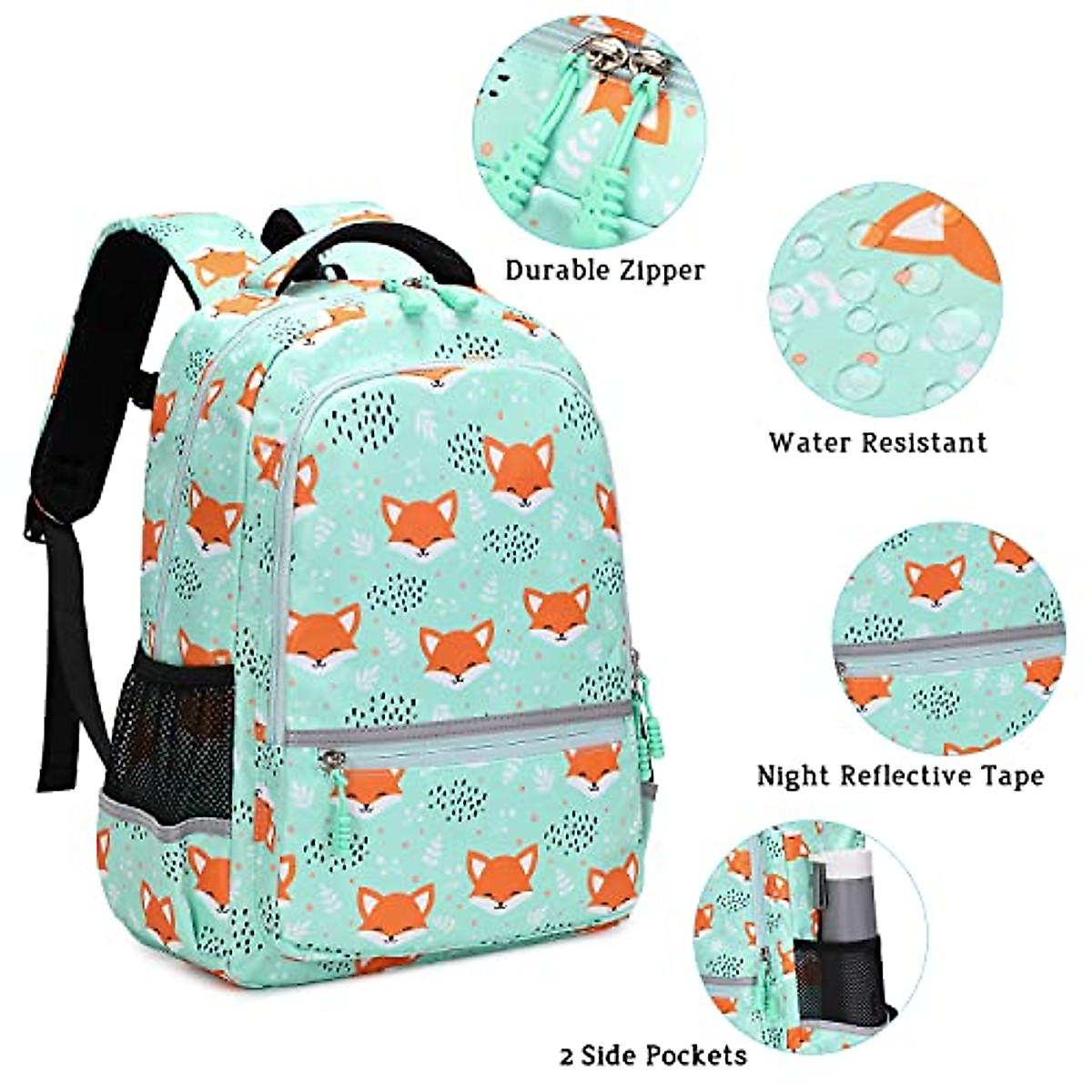 Backpacks for Girls Fox School Bags Kids Elementary Bookbag with Lunch Box and Pencil Case for Age 3+ (Green Fox)
