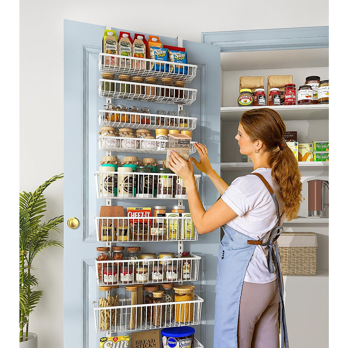 Mefirt White 9-Tier Over The Door Pantry Organizer, Pantry Organization and Storage, Deep Baskets Hanging Heavy-Duty Metal, Wall Spice Rack Seasoning Shelves for Home & Kitchen, Laundry Room Bathroom