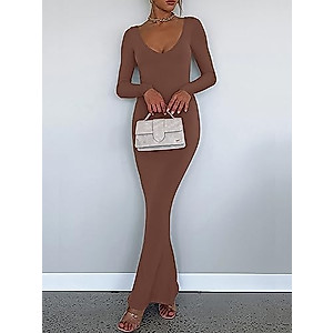 REORIA Women's Sexy Soft Lounge Ribbed Long Dress Fall Elegant Formal Wedding Guest Long Sleeve Deep V Neck Bodycon Maxi Dresses Coffee X-Small