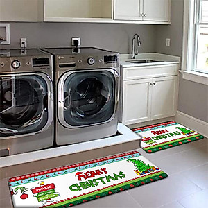 Moladika Merry Christmas Kitchen Mats Set of 2 Grinchmas Kitchen Mats for Floor Winter Xmas Tree Red and Green Cushioned Anti-Fatigue Floor Mats