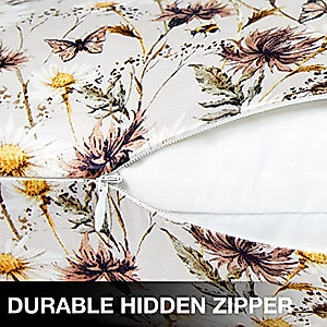 FELYSIK Butterfly Floral Silk Pillowcase for Hair and Skin Standard 20"x26", 22 Momme Mulberry Silk Khaki Flower Print Pillow Cases with Zipper