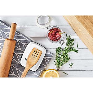 Hvukeke Ceramic Spoon Rest for Kitchen Stove Top Counter, Funny Let's Cook White Spoon Holders for Chef, Modern Farmhouse Kitchen Cute Decor