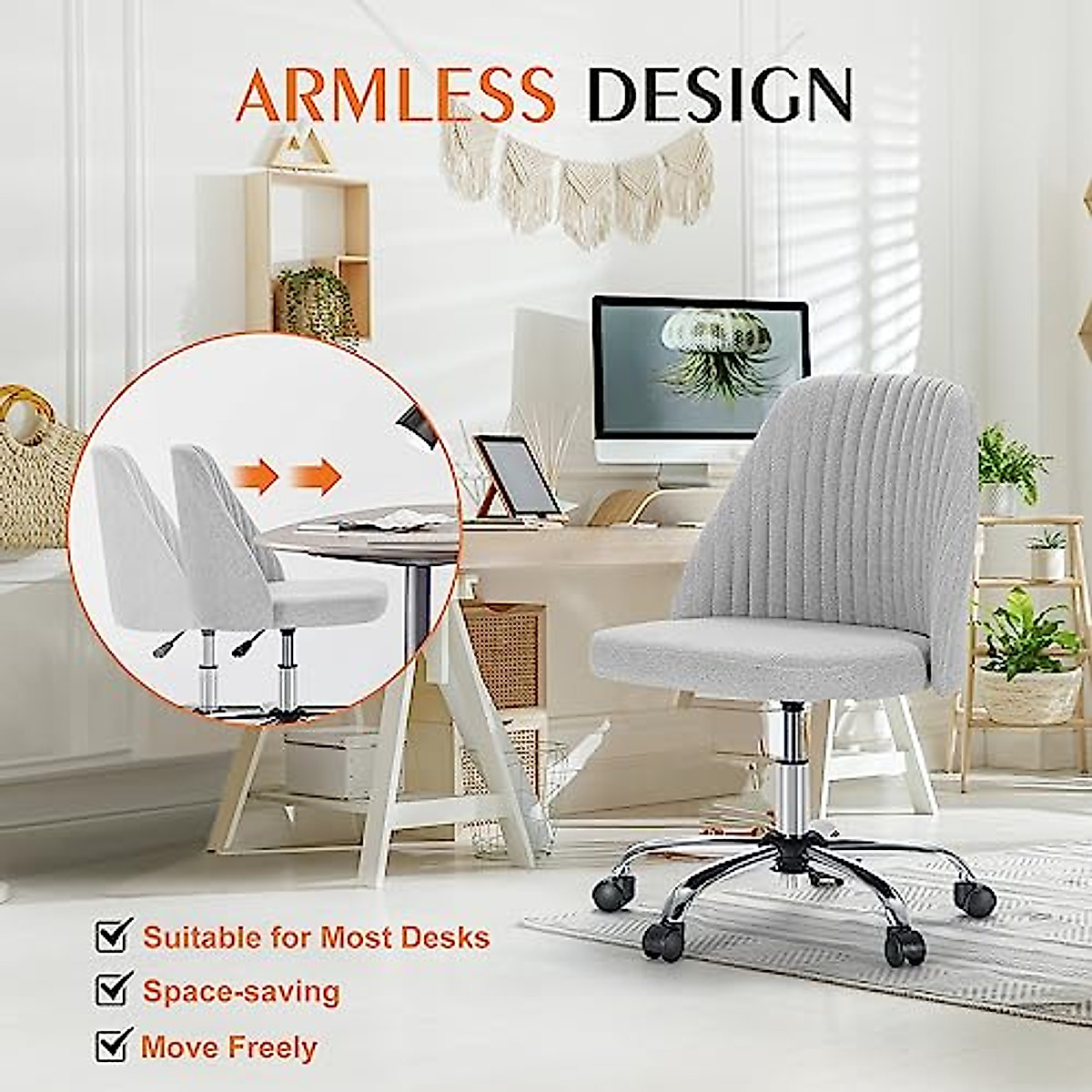 Armless Office Chair Cute Desk Chair, Modern Fabric Home Office Desk Chairs with Wheels Adjustable Swivel Task Computer Vanity Chair for Small Spaces