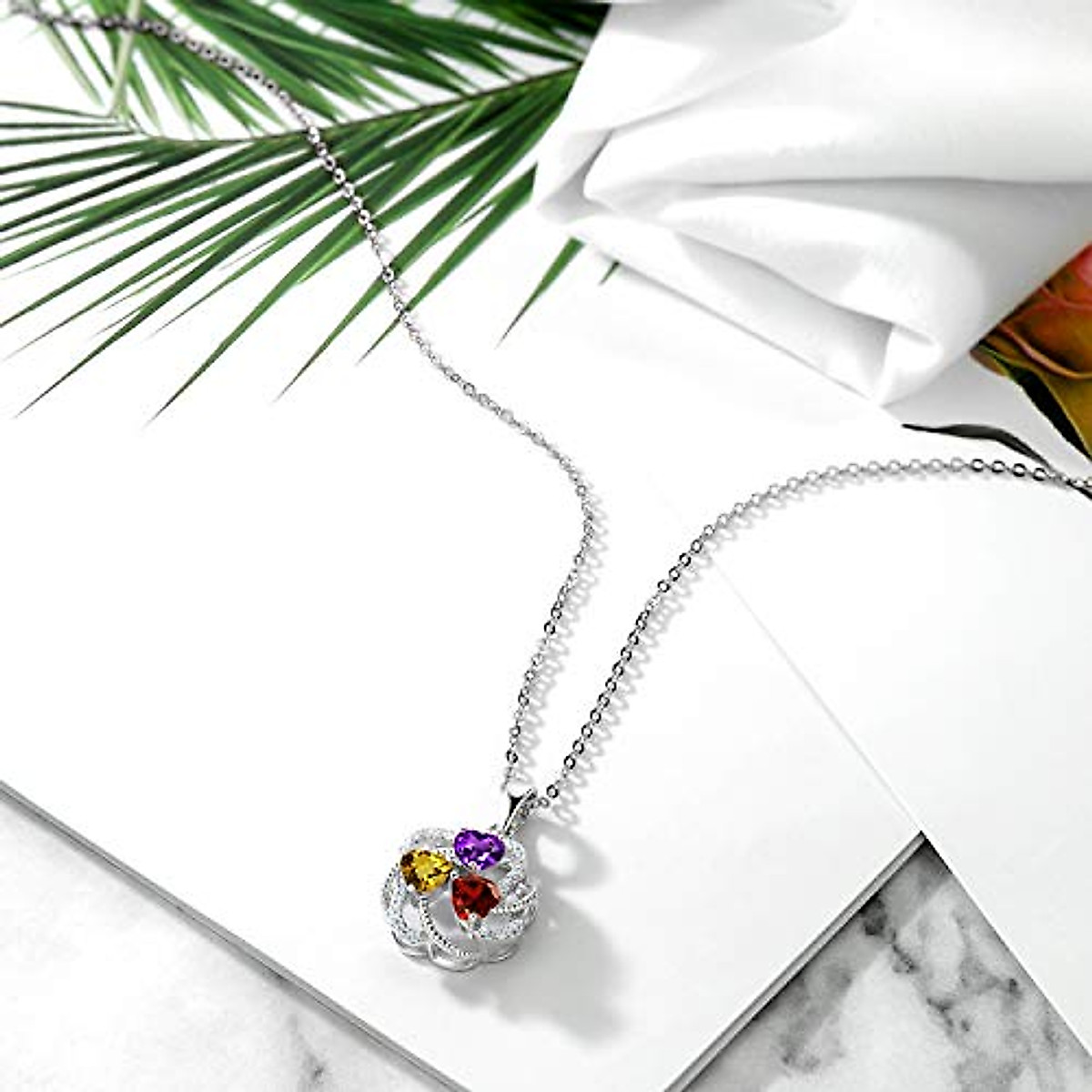 Gem Stone King 925 Sterling Silver Build Your Own Personalized 3 Heart Shape Birthstones Fashion Love Mothers Flower Blossom Pendant Necklace For Women with 18 Inch Chain