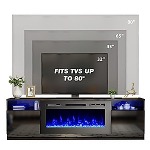 EROMMY 70'' Fireplace TV Stand with 36'' Electric Fireplace, Entertainment Center with 16 Color Led Lights and 12 Flame Fireplace Insert Heater, TV Console for TVs up to 80'' for Living Room, Black