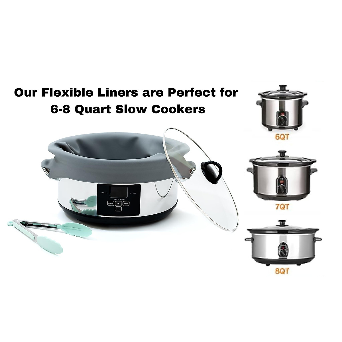 Silicone Crock Pot Liners Large Size w/Tongs | Single Reusable Silicone Slow Cooker Liner | Flexible Slow Cooker Liners 3-8 Quart Pots | Easy Clean Crock Pot Liner Bags | Crock Pot Liners 3-8 Quarts