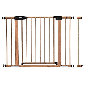 Babelio Metal Baby Gate with Wood Pattern, 26-43" Easy Install Pressure Mounted Dog Gate, No Drilling, No Tools Required, Ideal for Stairs and Doorways, with Wall Protectors and Extenders