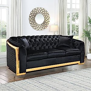 WILLIAMSPACE 81.1" Tufted Velvet Sofa Couch for Living Room, 3 Seater Button Sofa with Stainless Steel Gold Plating Decoration, Comfy Soft Upholstered Couch with 2 Pillows - Black
