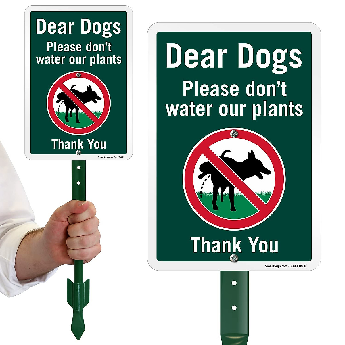 SmartSign 10 x 7 inch Dear Dogs Please Don't Water Our Plants Funny No Dog Pee sign for yard and 18 inch Stake Kit, 40 mil Laminated Rustproof Aluminum, Multicolor, Set of 1, Made in USA