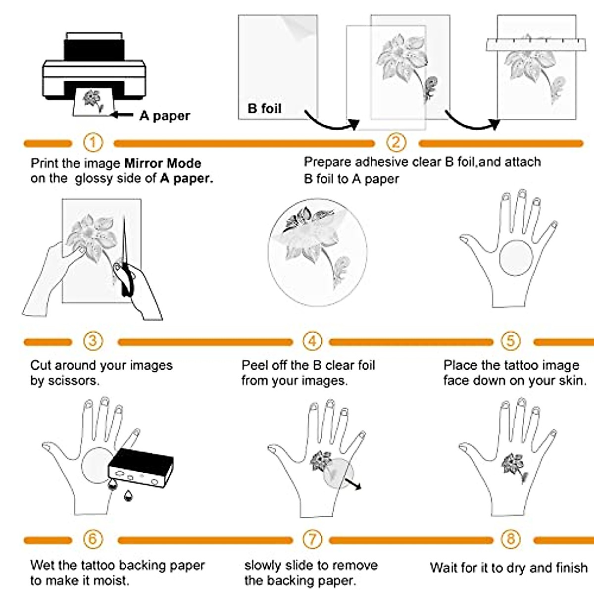 MECOLOUR Printable Temporary Tattoo Paper 5 sets 8.5"X11" for Inkjet printer DIY Image Transfer Decal Paper for Skin, For Celebrate Festivals, Parties, Birthday Bashes,New Year