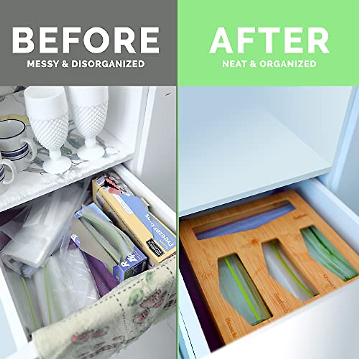 HAUSTUFF Bamboo Ziplock Bag Organizer, Gallon Bags Storage Organizer for Kitchen Pantry, Bamboo Drawer Baggie Organizer for Food Storage - No Assembly Needed