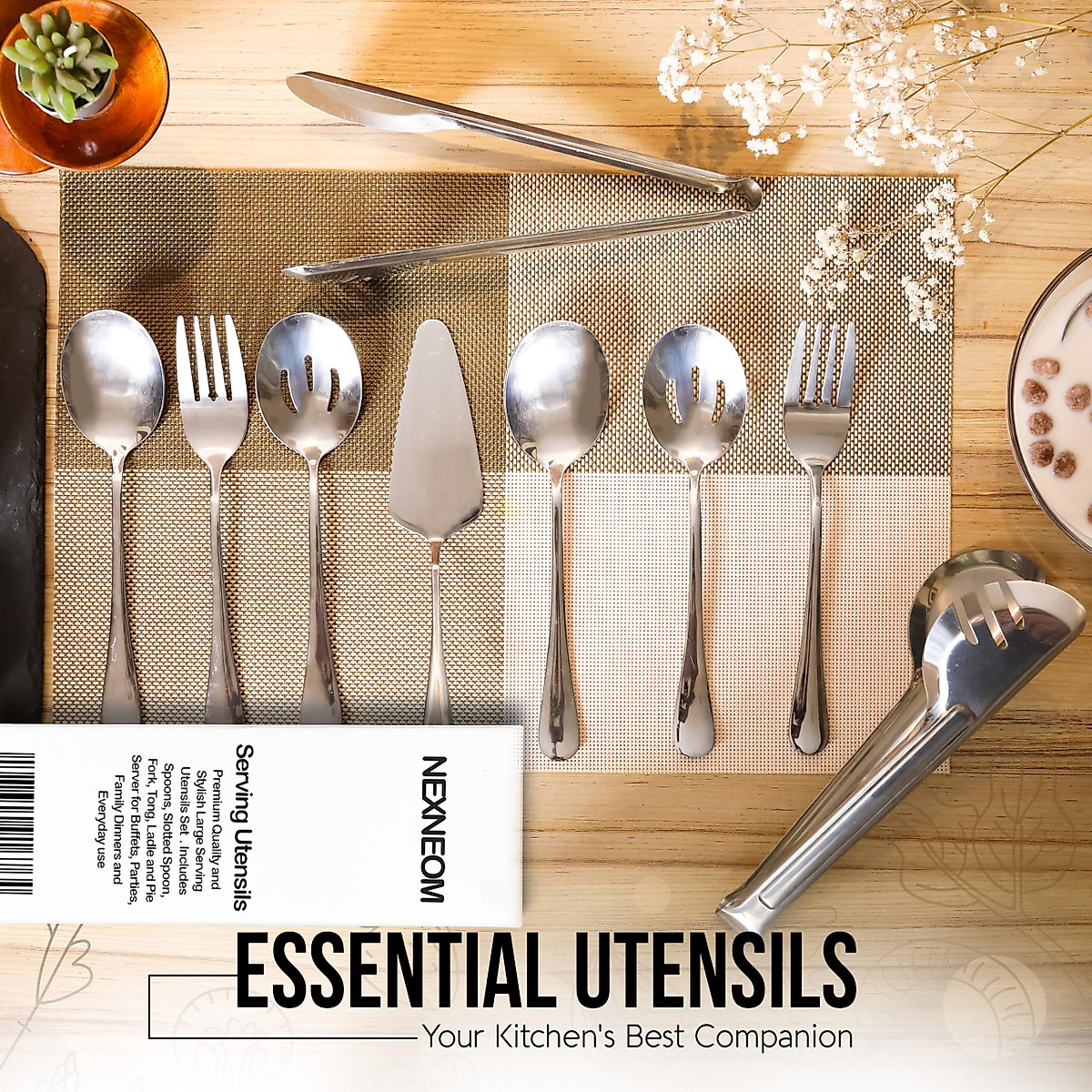 NEXNEOM Serving Utensils Set 10 Pcs - Stainless Steel Silver Serving Utensils with Stunning Mirror-Finish - Lightweight, Rust-Resistant & Easy Maintenance - Ideal Serving Spoons for Parties & Wedding