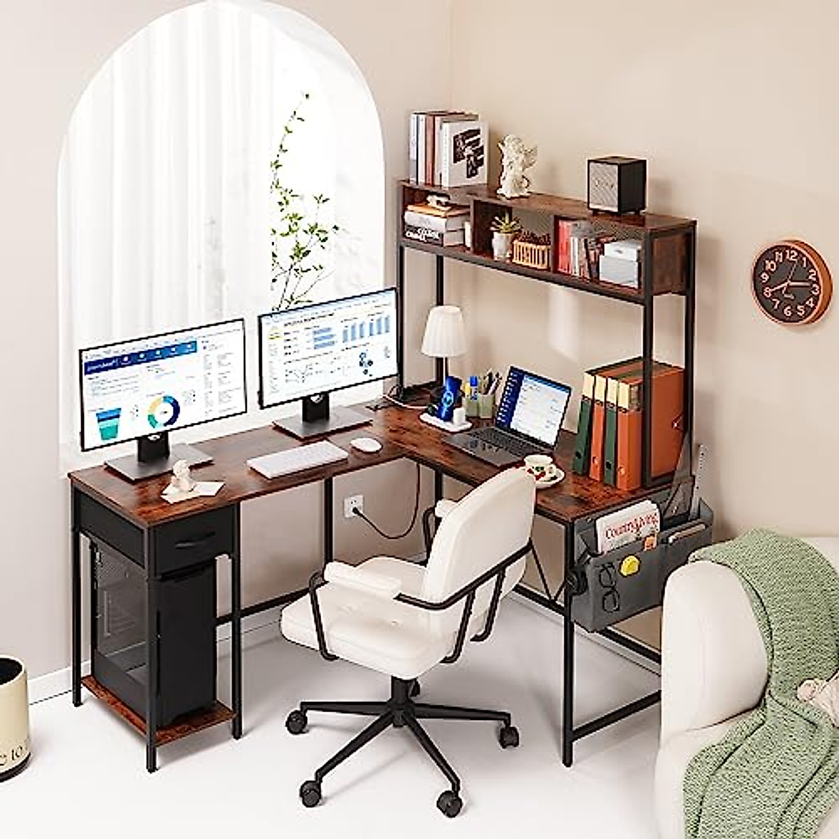 Yoobure L Shaped Desk with Power Outlet, Reversible L Shaped Computer Desk with Storage Shelf and Drawer, Corner Desk with Storage Bag, 2 Person Home Office Desk, Industrial Gaming Desk with USB Ports