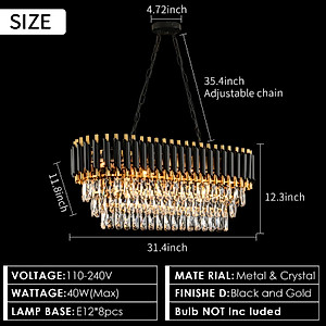 AKDXIRUN Modern Crystal Chandeliers for Dining Room 8-Light Black and Gold Chandelier Living Room Oval Contemporary Ceiling Hanging Light Pendant Light Fixture for Kitchen Island Bar L32 inch