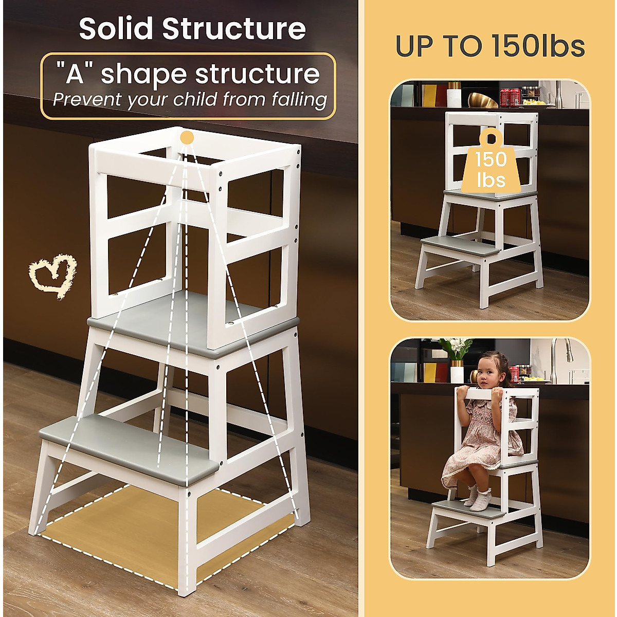 Saihony Standing Tower for Toddler, Kids Kitchen Step Stool Toddler Standing Tower Helper for Kitchen Counter and Bathroom Sink, Wooden Kids Montessori Learning Standing Stool with Safety Rail White