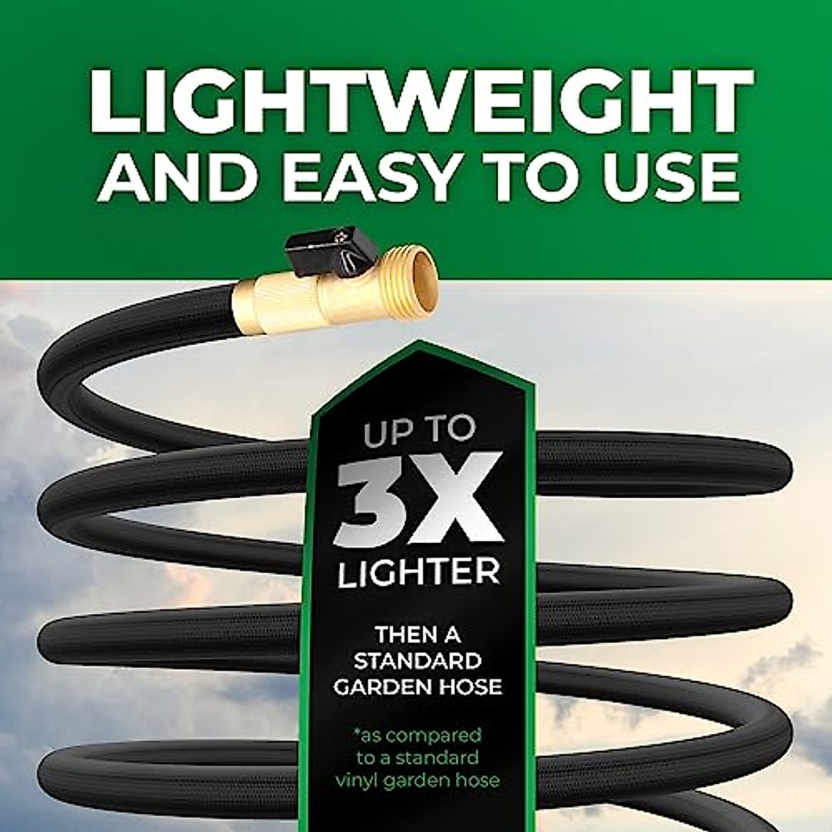 LightHose Garden Hose, NON-EXPANDABLE Garden Hose, Super Light Weight Hose, No Burst, 3/4 inch Solid Brass Connectors, 50 Ft, Black