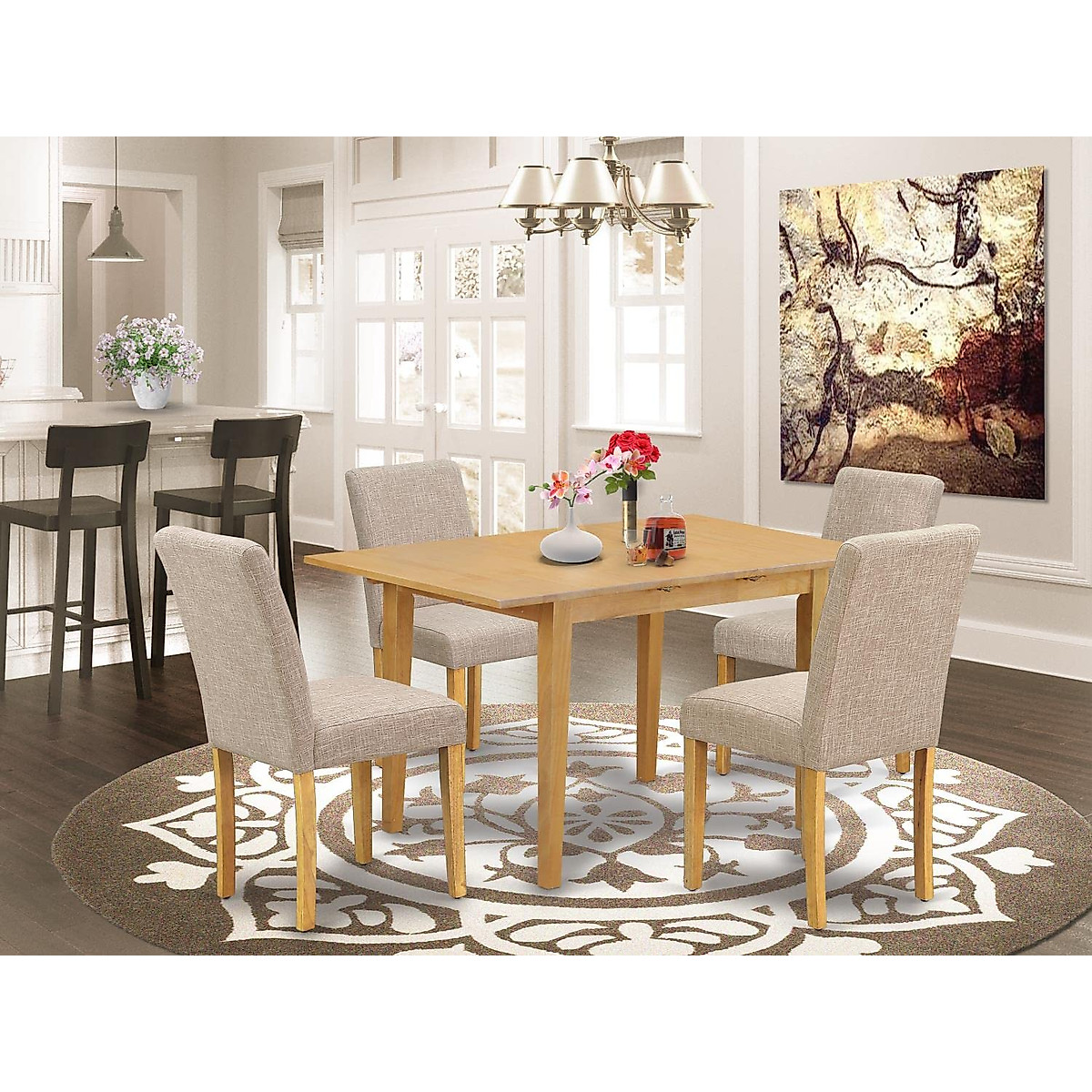 East West Furniture NOAB5-OAK-04 5 Piece Dining Set Includes a Rectangle Dining Room Table with Butterfly Leaf and 4 Light Tan Linen Fabric Upholstered Chairs, 32x54 Inch, Oak