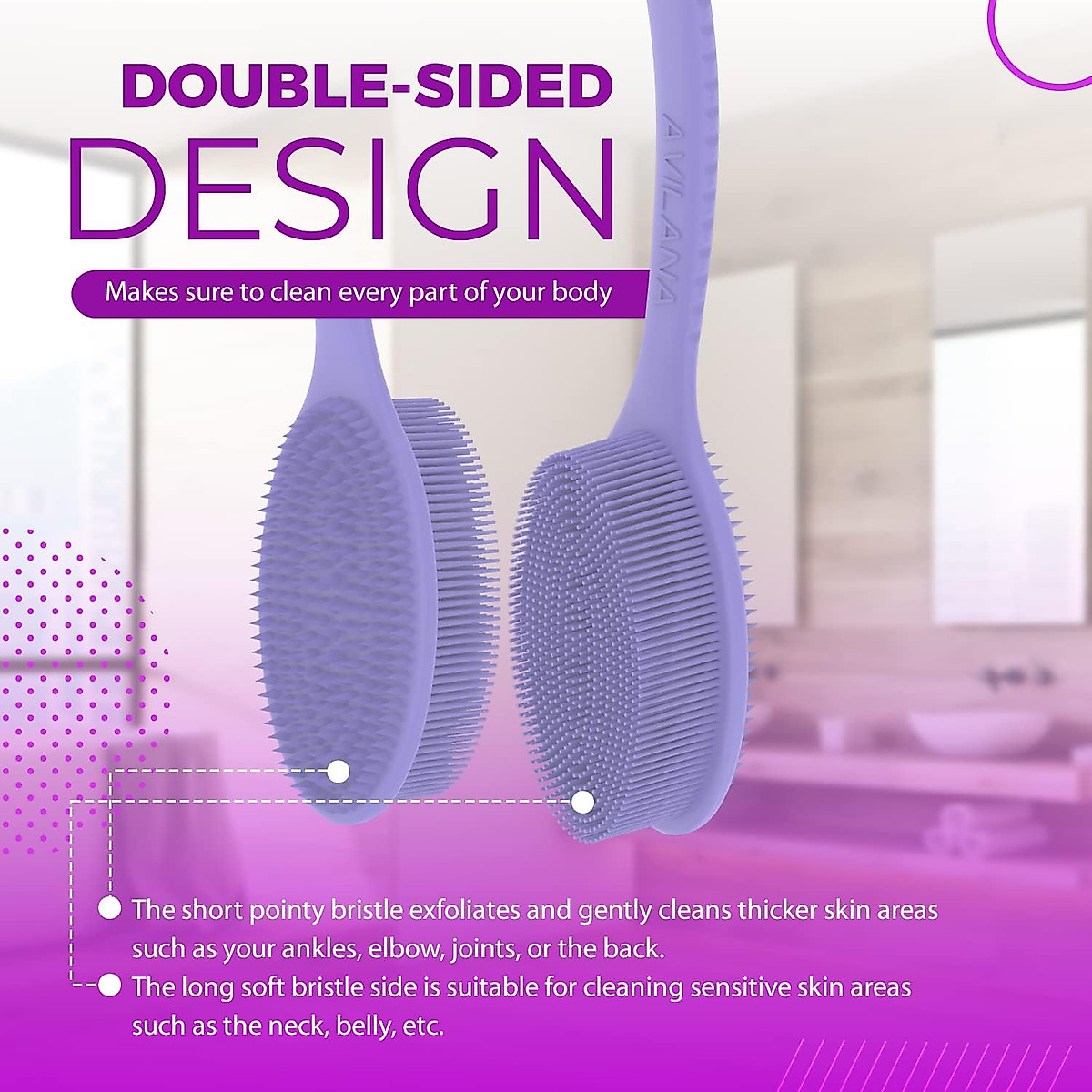 Avilana Back Scrubber for Shower,19 inch Silicone Body Scrubber with Handle, Shower Back Scrubber for Men and Women, Back Brush for Shower, Loofah with Handle Shower Brush (S1-Lavender)