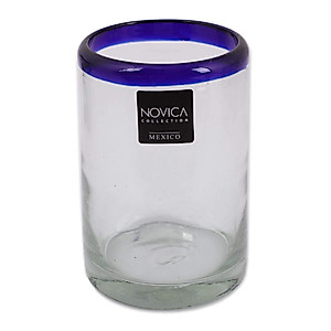 NOVICA Artisan Crafted Hand Blown Clear Cobalt Blue Rim Recycled Glass Tumblers,14 Oz. 'Classic' (Set Of 6)