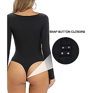 SHAPERX Women's Long Sleeve Scoop Neck Bodysuit Soft Body-Hugging T-Shirt Fits Everybody, SZ5260-Black-XS